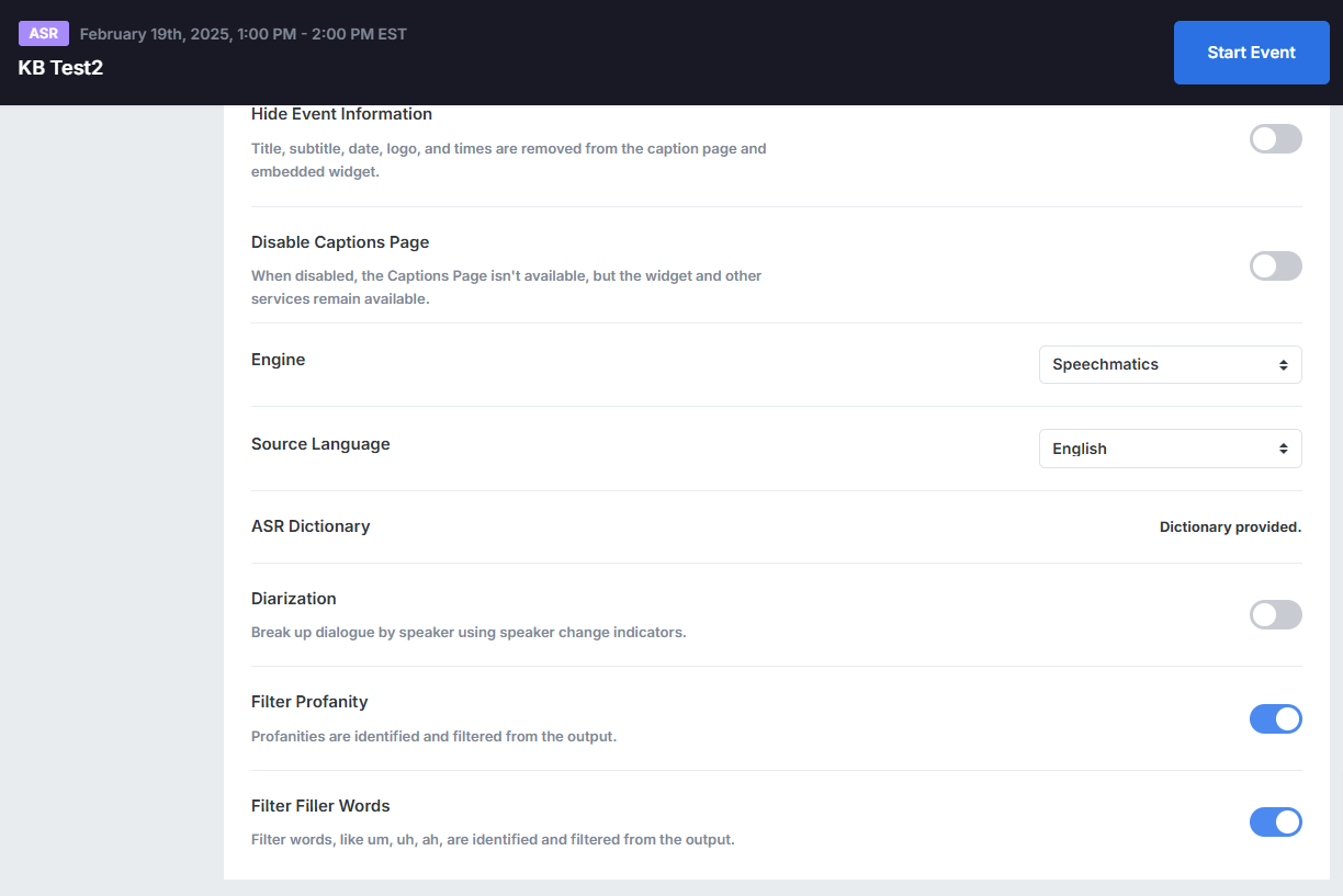 General Settings Tab for Events